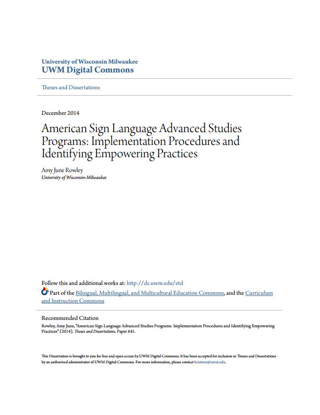 American Sign Language Advanced Studies Programs: Implementation ...